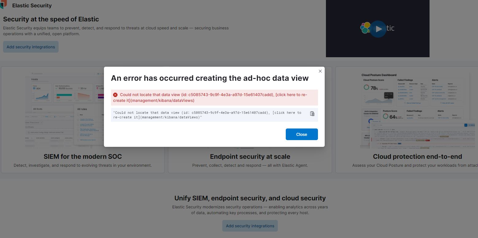 Persistent DataView Error in Elastic Security Dashboard - "Could not locate that data view (id ...