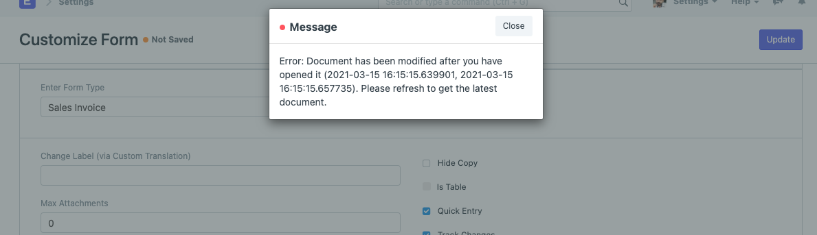 Sales Invoice Customize Form Error Document Has Been Modified After You Have Opened It