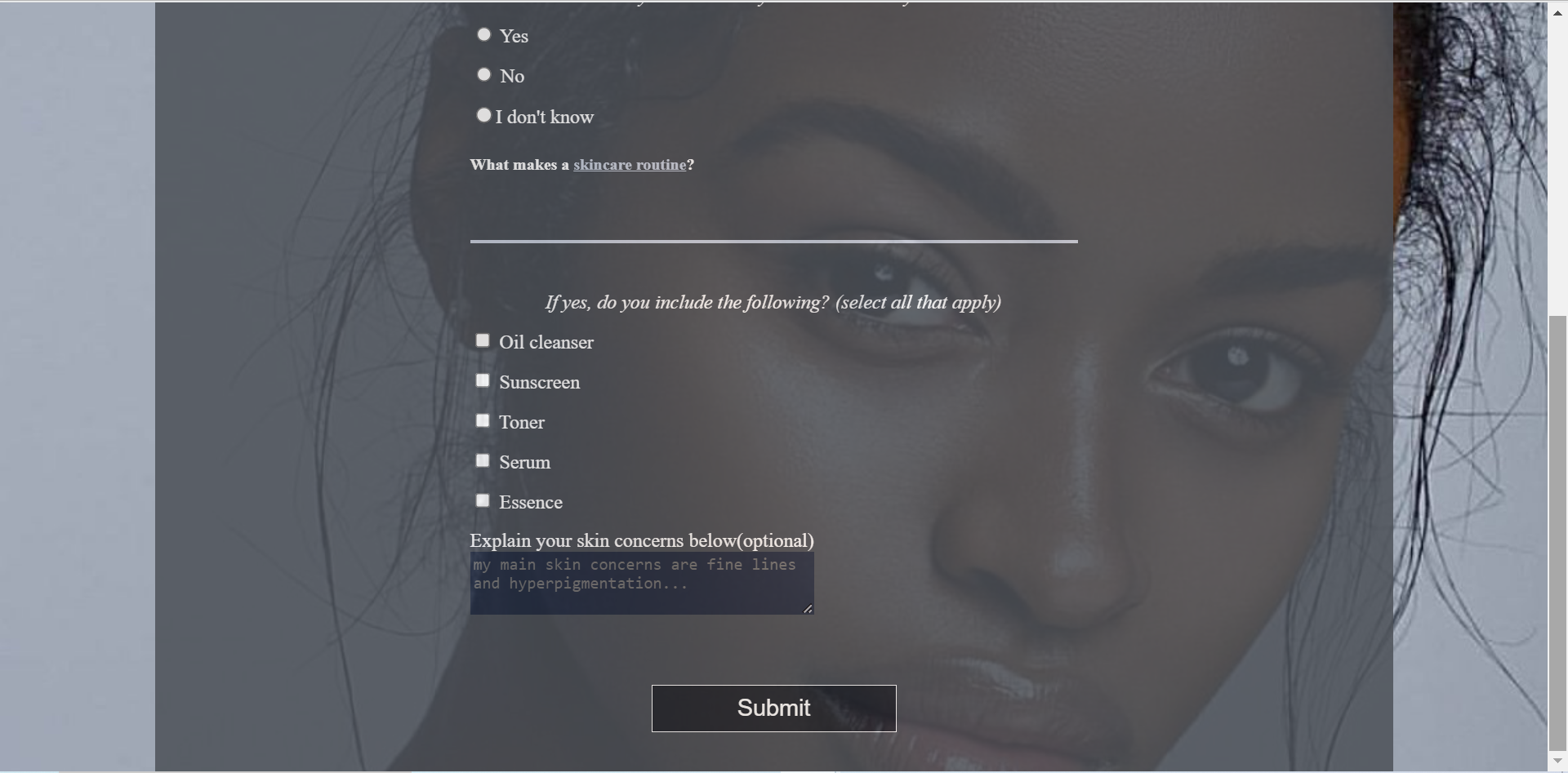 GitHub - TimiShadiatO/Skincare-survey: My first every fully written code. My first CSS and HTML ...