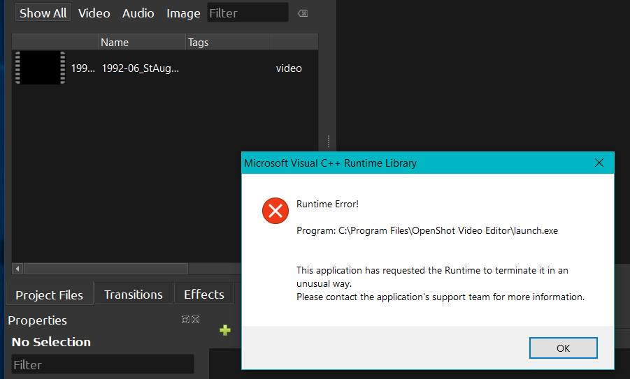Export a movie over previously saved version, Launch.exe crashed · Issue #927 · OpenShot ...