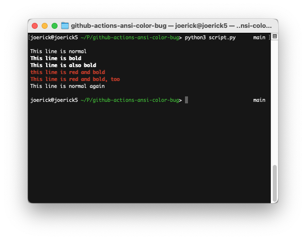 Github actions appears to forget the ANSI color on every newline ...