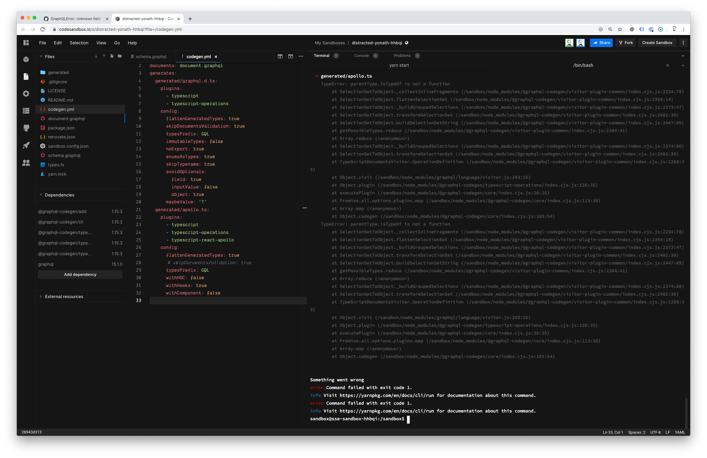 Graphql Code Generator 🚀 Graphqlerror：使用 Flattengeneratedtypes 时类型“query”上的未知字段“type 