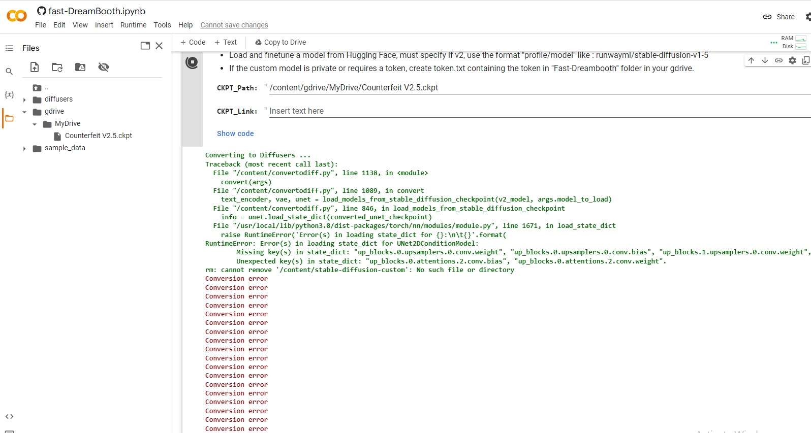 Conversion Error In Ben's Dreambooth Colab When Adding CKPT File · Issue #1578 · TheLastBen/fast ...