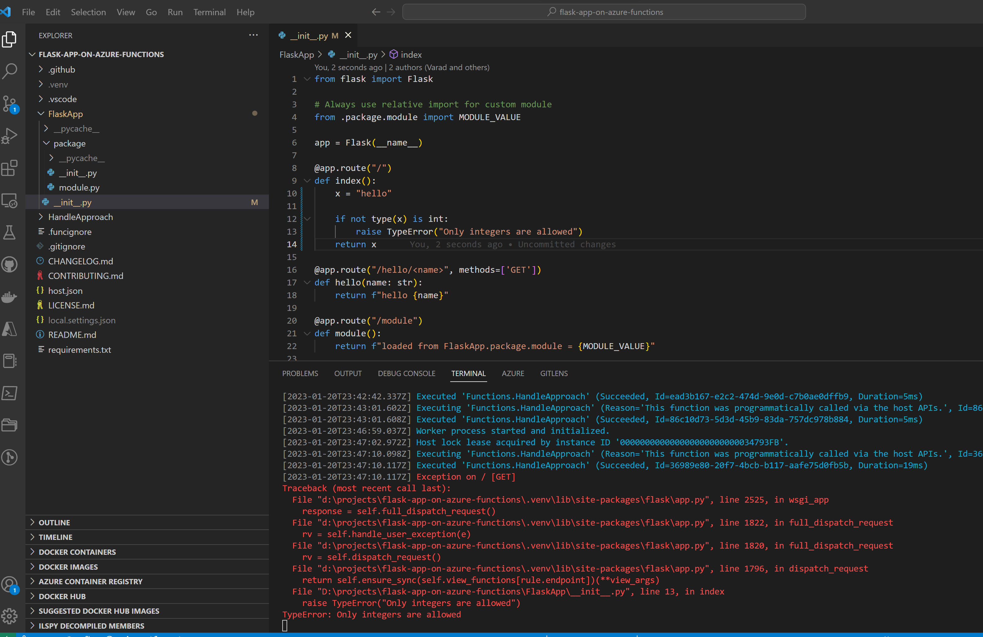 [BUG] When using Azure functions with WSGI/Flask, errors are not bubbled up properly · Issue ...