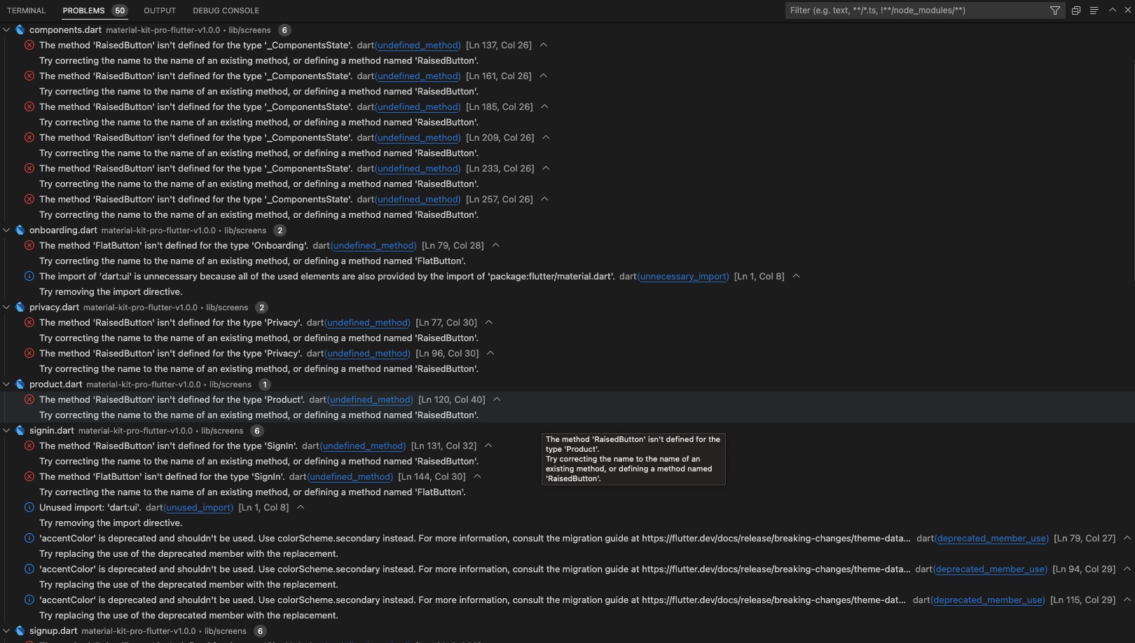 A lot of undefined_method errors · Issue #2 · creativetimofficial/ct-material-kit-pro-flutter ...