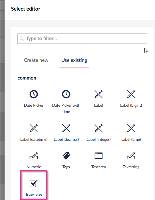 v8 - Selecting "true/false" editor during document type generation ...