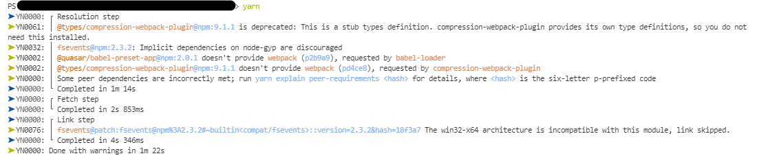 Dependency warnings on `yarn install` · Issue #11906 · quasarframework/quasar · GitHub