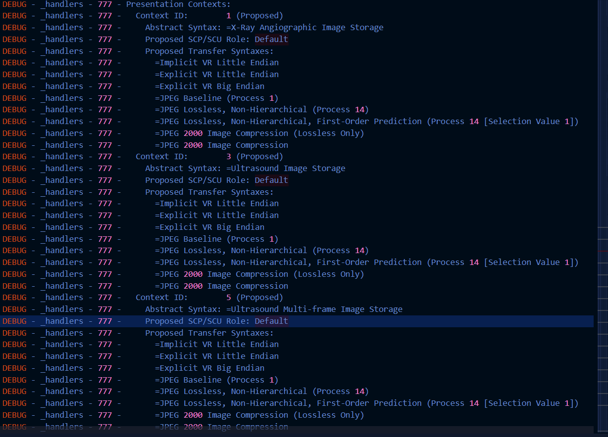 No presentation context for has been accepted by the peer with transfer syntax for the SCU role ...