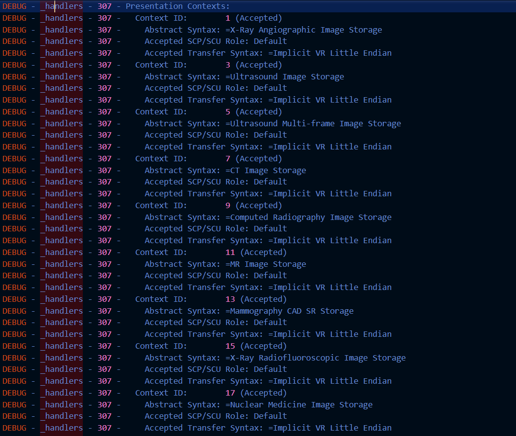 No presentation context for has been accepted by the peer with transfer syntax for the SCU role ...