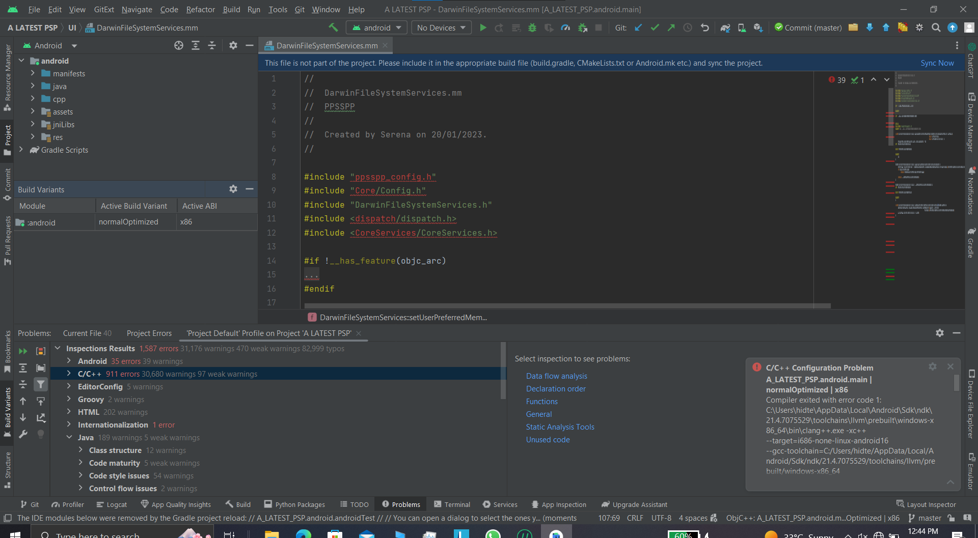 When trying to Change the build variant to "normalOptimized" then "c++ configuration error ...