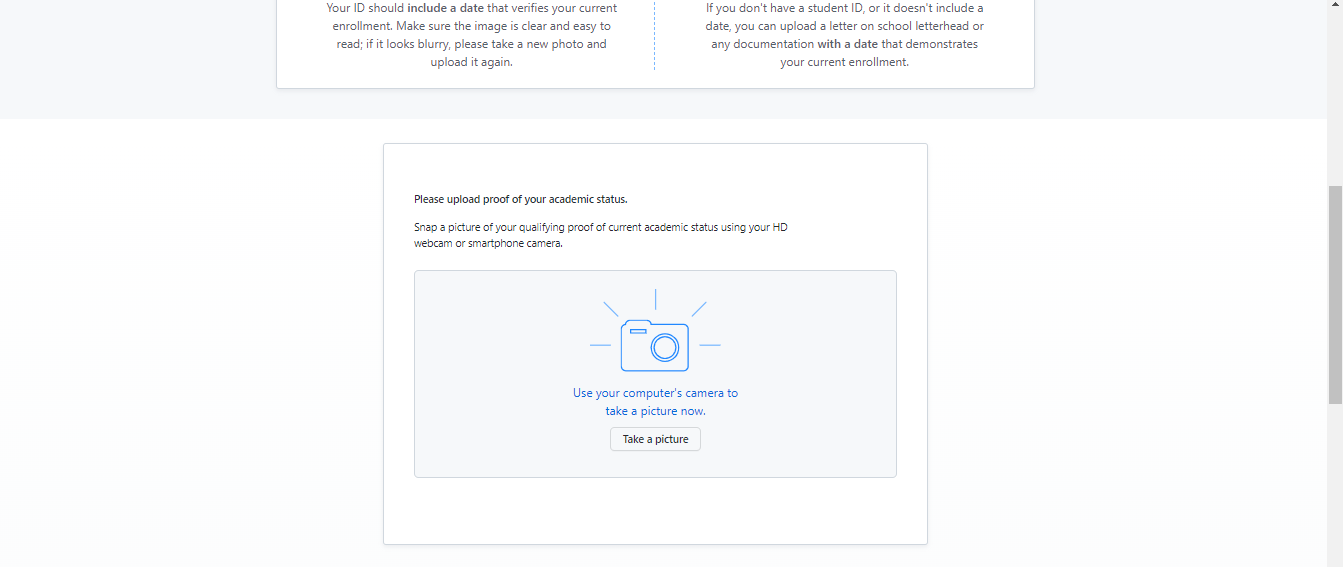 Unable to upload proof of enrollment for student account, webpage not accessing webcam ...