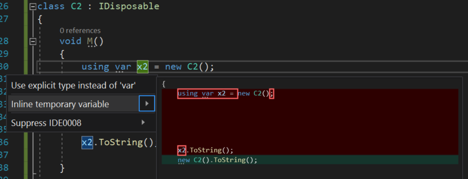 InlineVariable should not trigger for a `using` declaration · Issue #35645 · dotnet/roslyn · GitHub