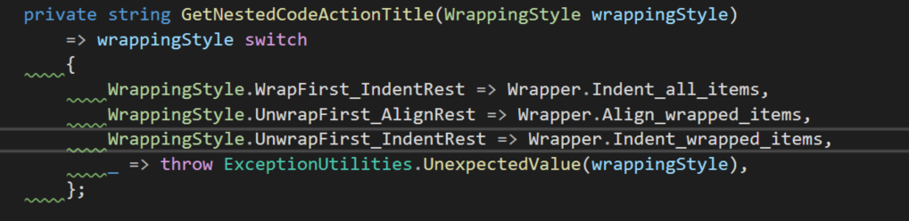 IDE005 "Fix formatting" does a poor job with a switch expression as the body of an expression ...