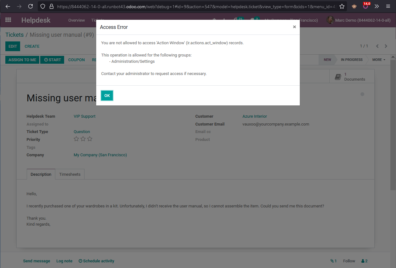 [14.0] Helpdesk: Access Error - You are not allowed to access 'Action Window' (ir.actions.act ...