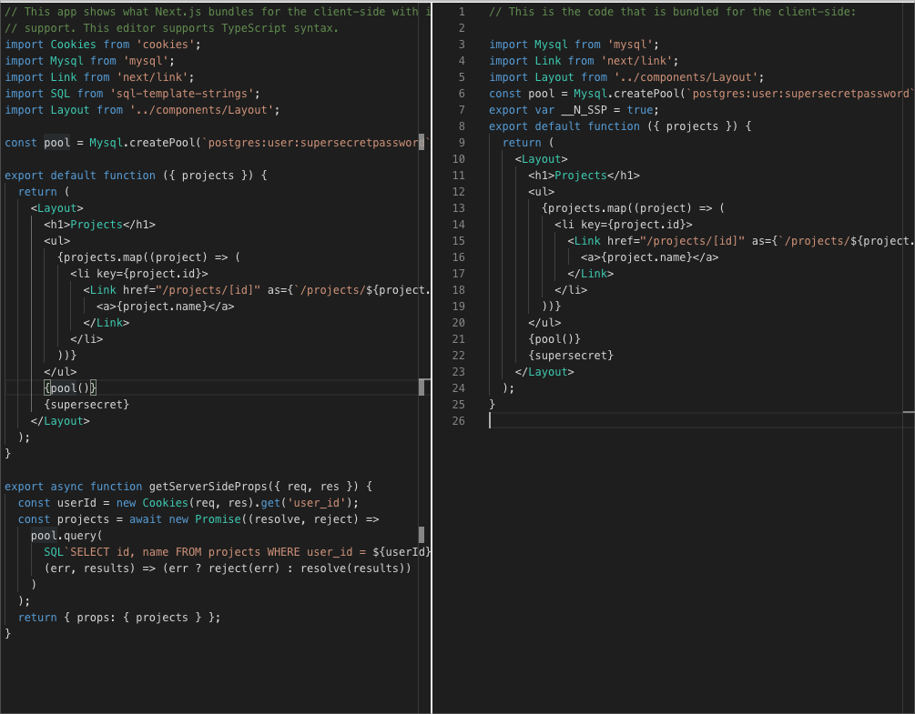 An error should be shown if code intended for the server side (used in `getServerSideProps` get ...