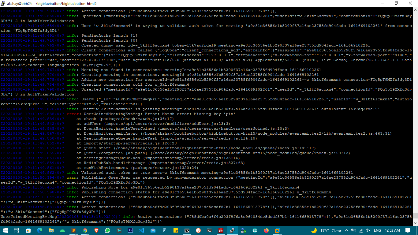 Getting UserJoinedMeetingEvtMsg: Error: Match error: Missing key 'pin ...