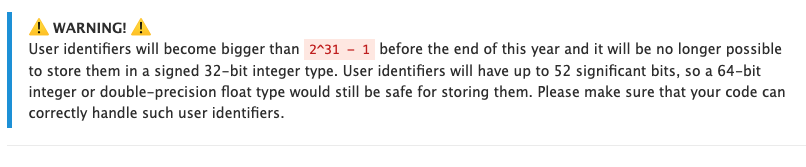 Issue when use Integer to store UserID value. It should be Long · Issue #1005 · rubenlagus ...