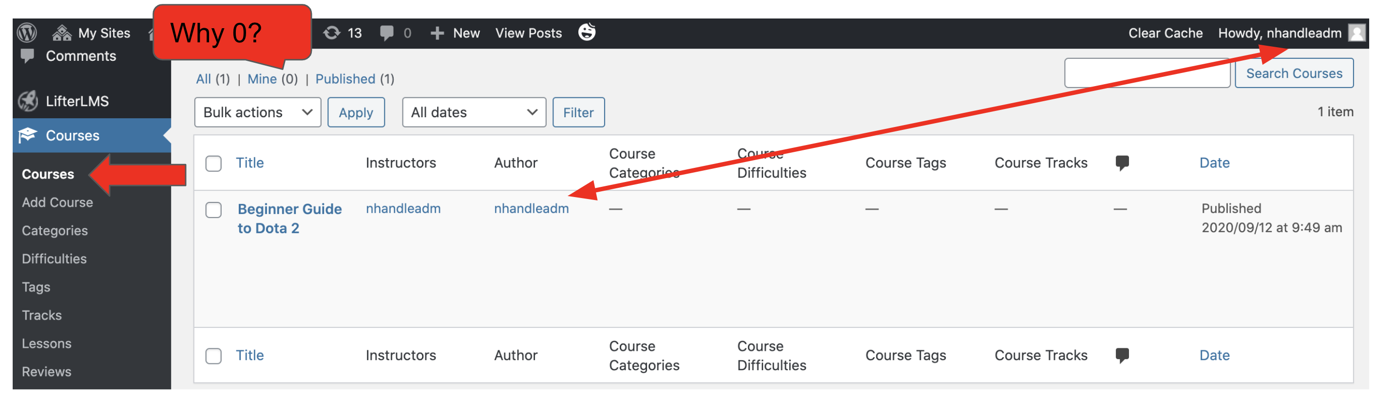 [wp-admin] List courses: Mine always shows zero, click it go to list of Posts instead of Courses ...