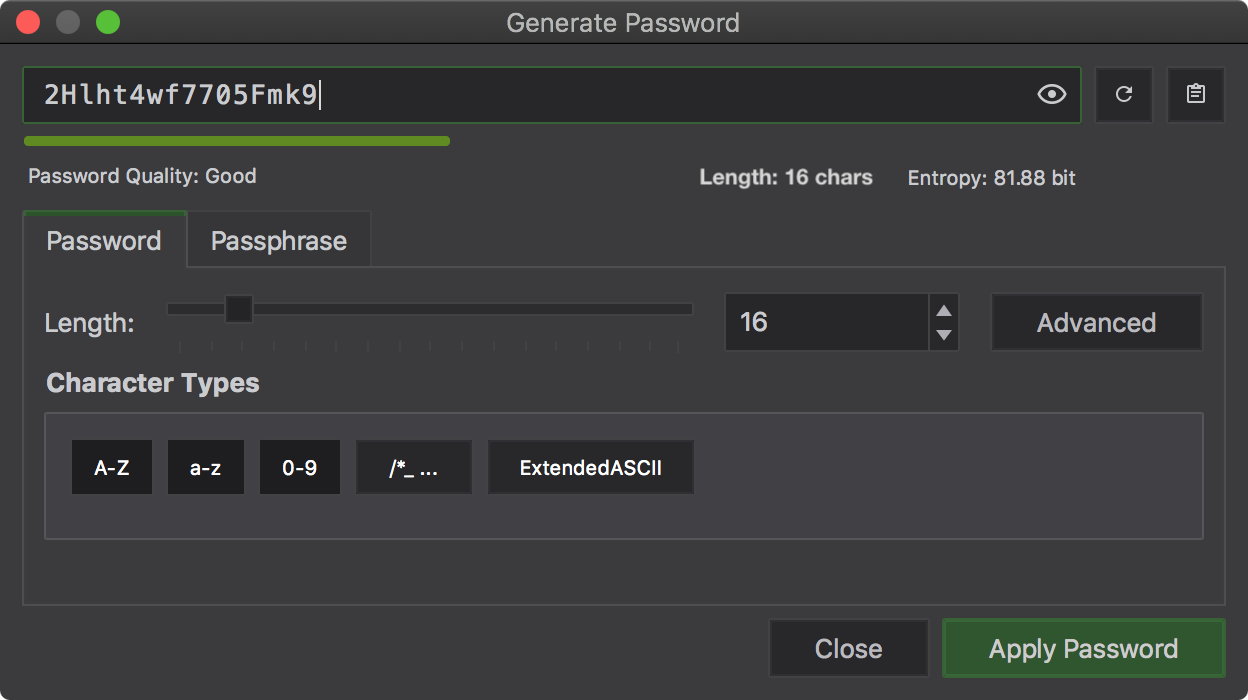 Password generator should display length of candidate password/phrase ...