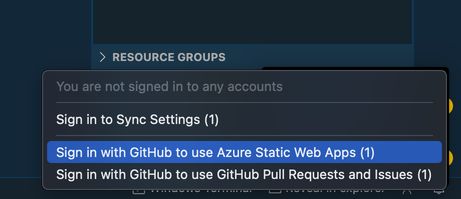 Add "Sign in with GitHub to use Azure Static Web Apps" in Accounts ...