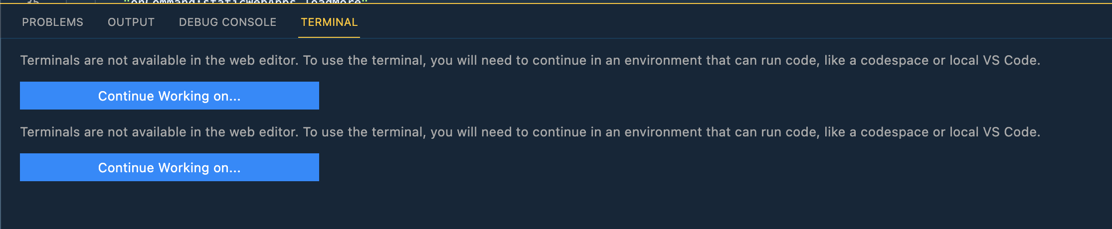 The "Continue Working on..." button in the terminal appears twice in VS ...