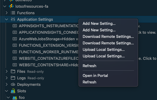 Duplicate app settings context menu items · Issue #3121 · microsoft/vscode-azurefunctions · GitHub