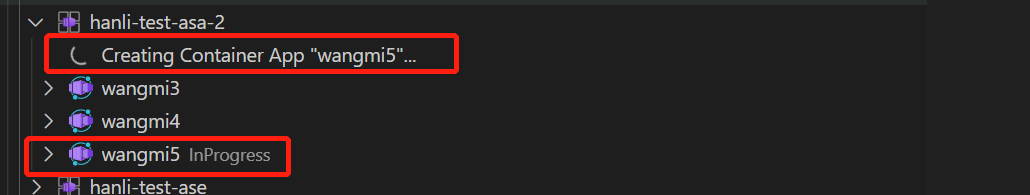 "Creating Container App..." tree item and created Container App tree ...
