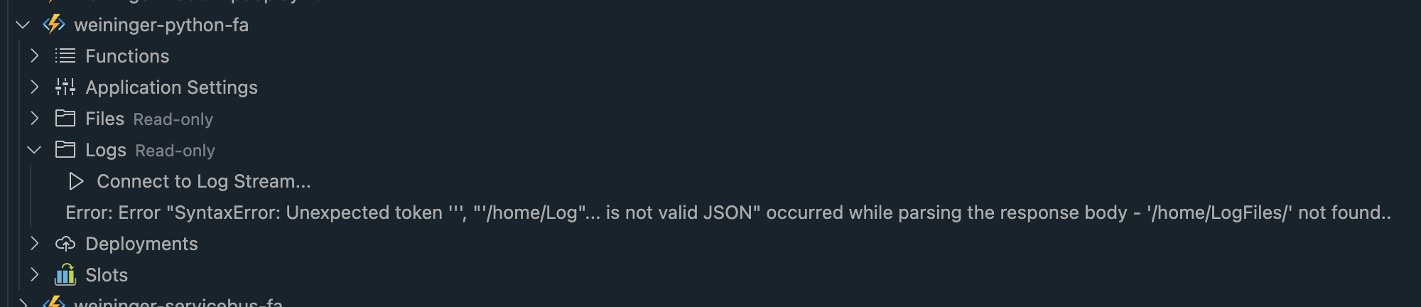 Error underneath Logs tree item for a Linux Function App · Issue #3785 · microsoft/vscode ...