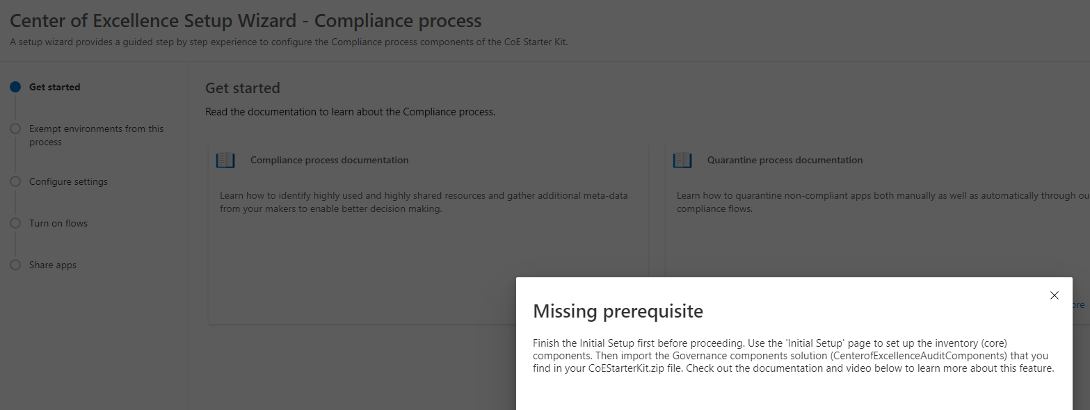[CoE Starter Kit - BUG] CoE Setup Wizard stuck in Compliance process (Missing prerequisite ...