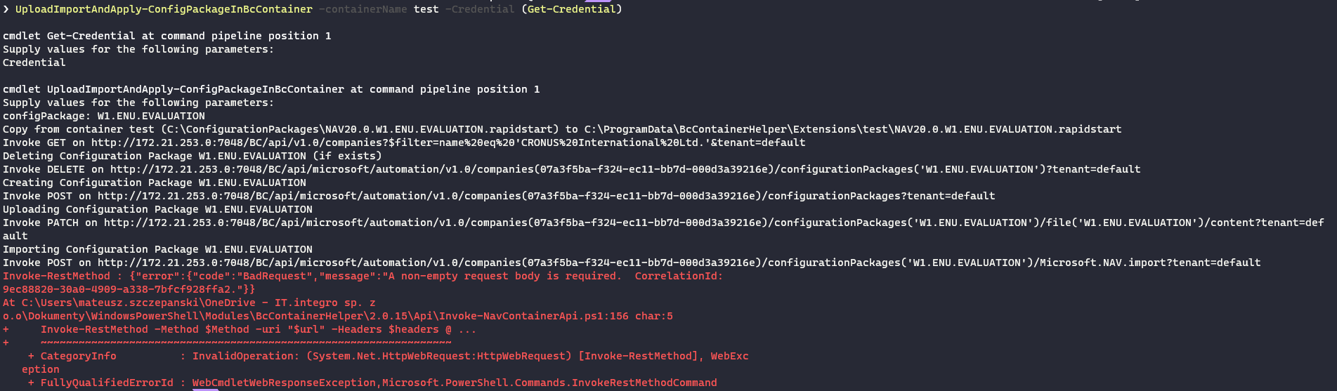 BC NextMajor (20.0) error when Importing EVALUATION ConfigPackage "A non-empty request body is ...