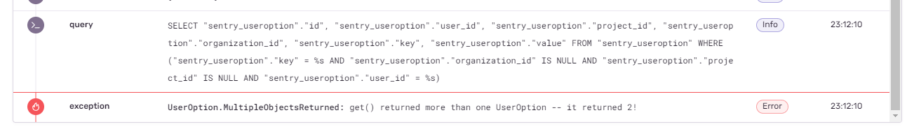 get() returned more than one UserOption -- it returned 2! · Issue #1295 · getsentry/self-hosted ...