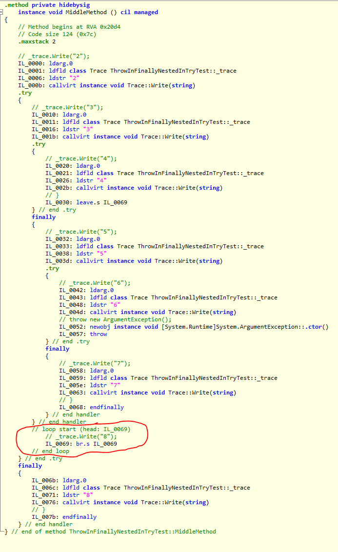 Loop inserted in IL at the end of try if it contains a try-finally ...