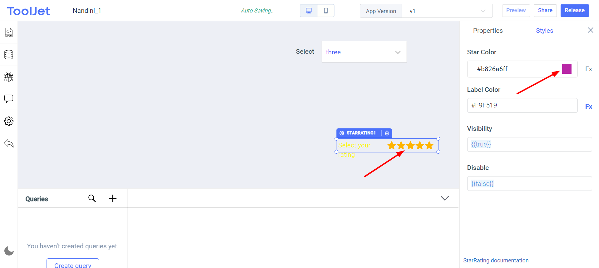 Star color is not changing for rating widget · Issue #2158 · ToolJet/ToolJet · GitHub