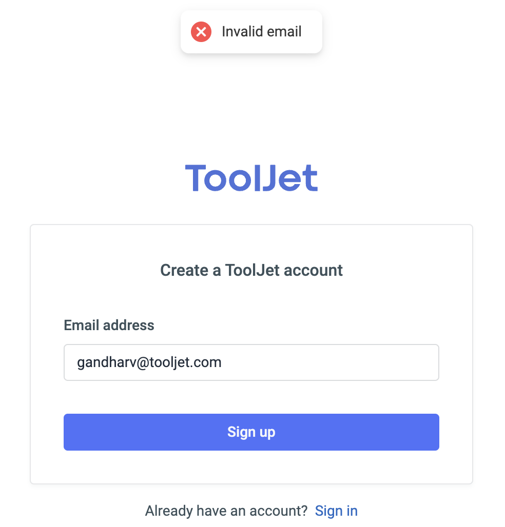 Incorrect error message when user email already exists · Issue #2375 · ToolJet/ToolJet · GitHub