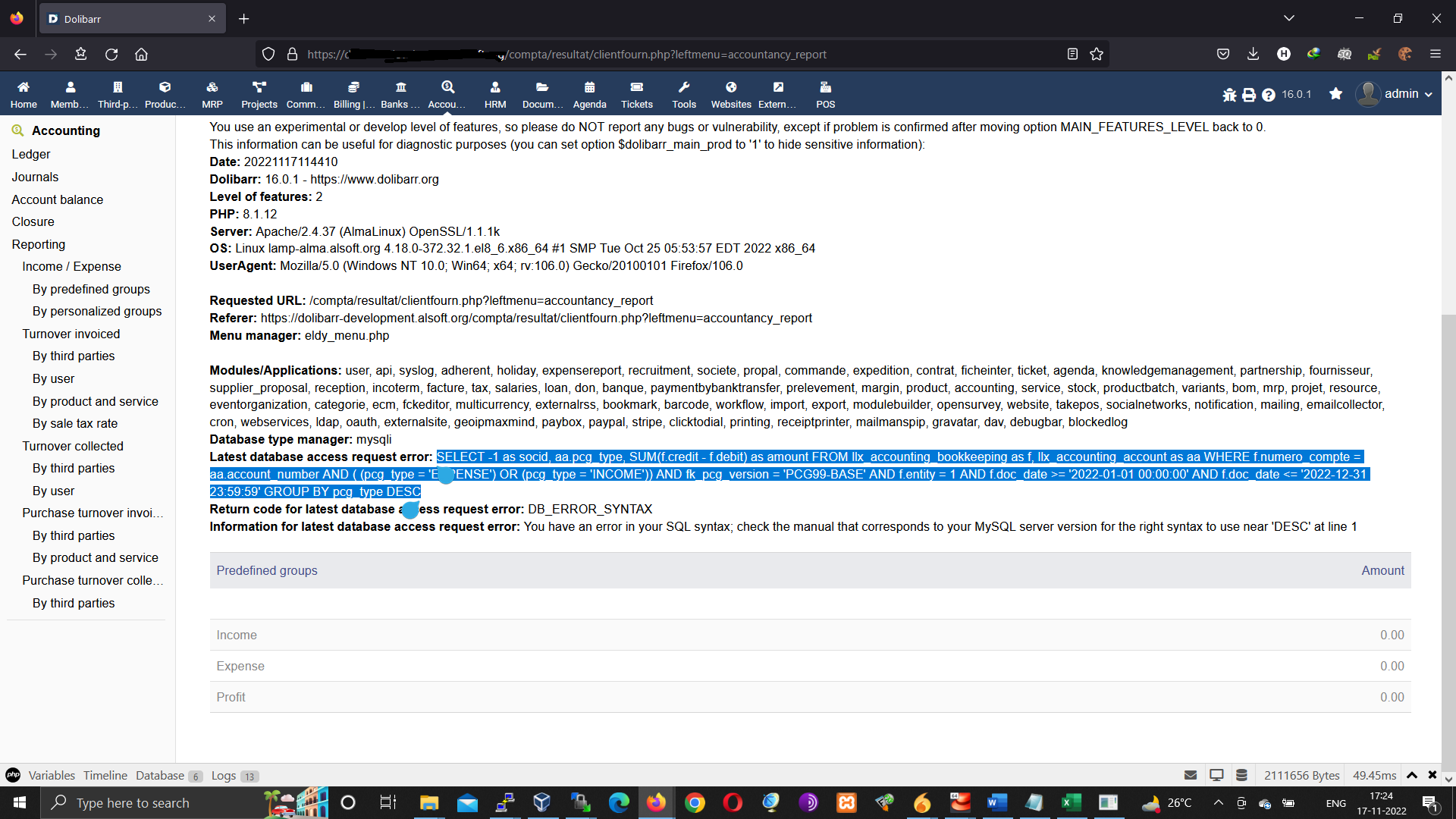 SQL syntax error at Income/Expense reporting module · Issue #22883 · Dolibarr/dolibarr · GitHub