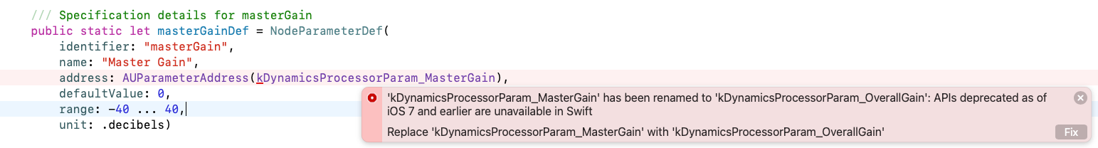 'kDynamicsProcessorParam_MasterGain' has been renamed to 'kDynamicsProcessorParam_OverallGain ...
