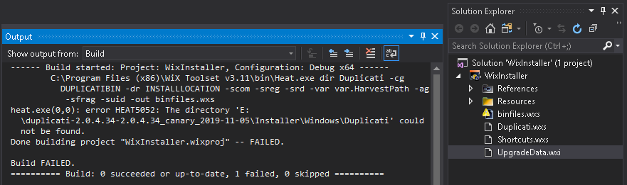 Unable to build duplicati-2.0.4.34-2.0.4.34_canary_2019-11-05 using the bundled WixInstaller ...