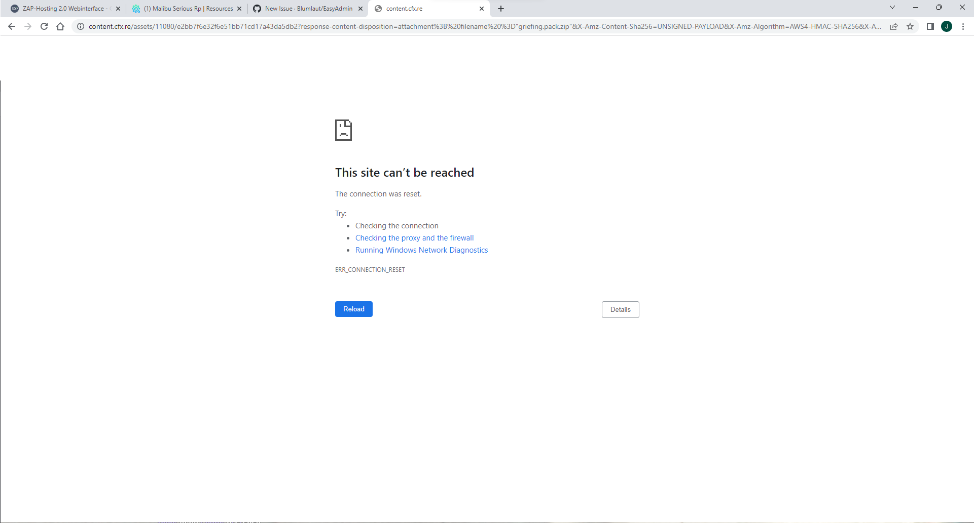 When I Go To Download The Grief Menu For EasyAdmin It Says " The Site Cannot Be Reached ...