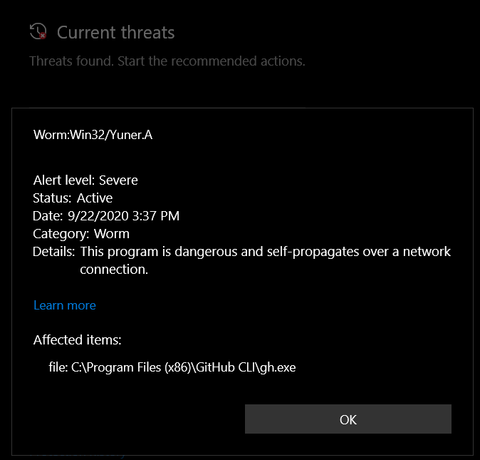 gh.exe is deleted on execution · Issue #1904 · cli/cli · GitHub
