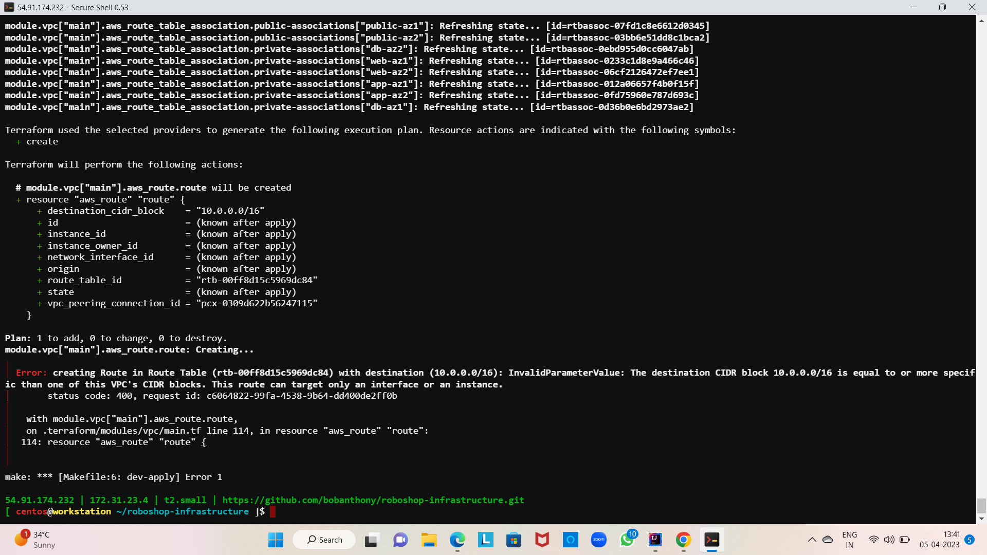 Error in aws route saying cidr block equal to one of the VPC ...