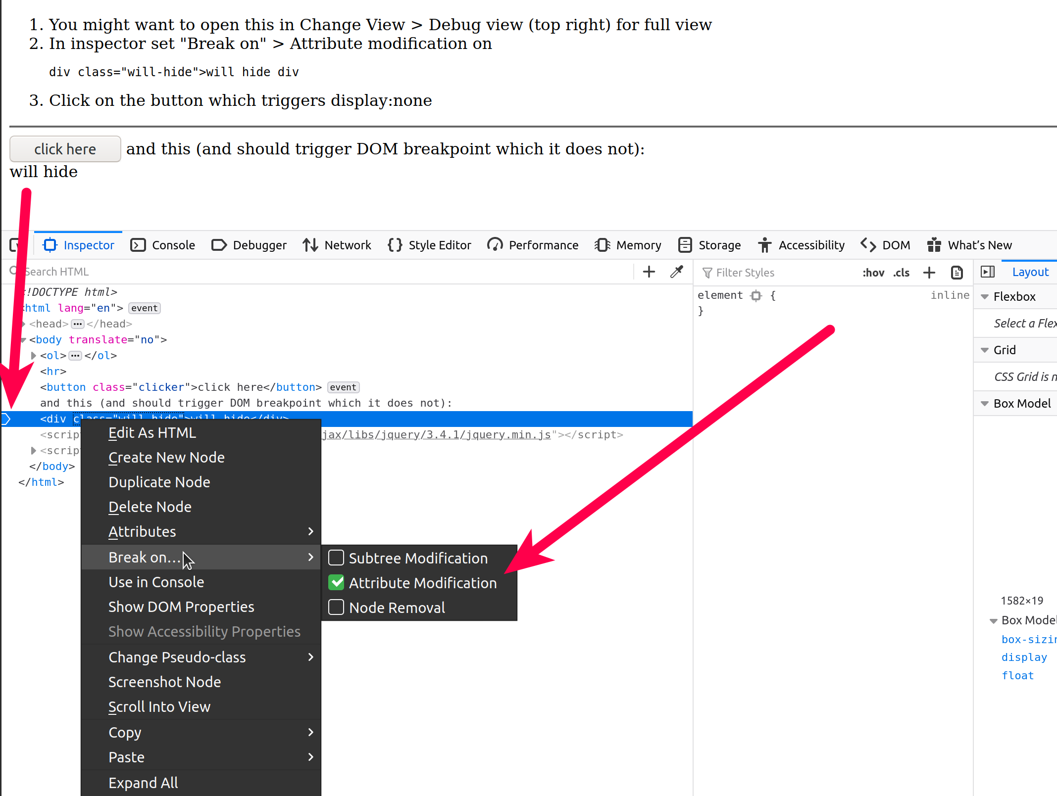 DOM "Break on > Attribute Modification" does not trigger when node is set to `display: none ...