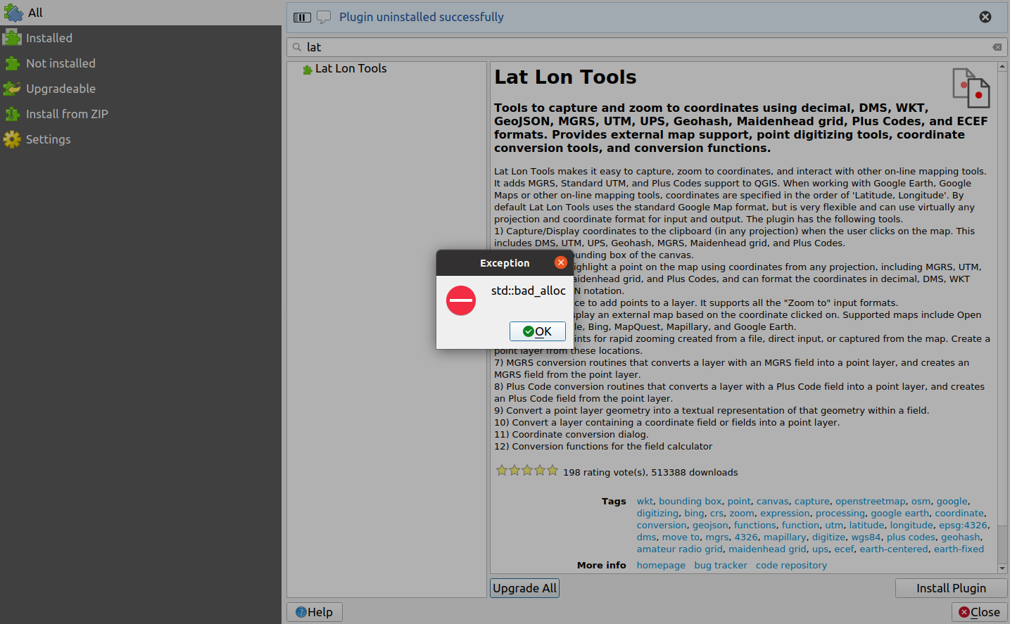 std::bad_alloc · Issue #66 · NationalSecurityAgency/qgis-latlontools-plugin · GitHub