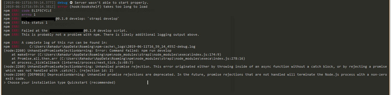 debug: Server wasn't able to start properly error: (hook:bookshelf) takes too long to load ...