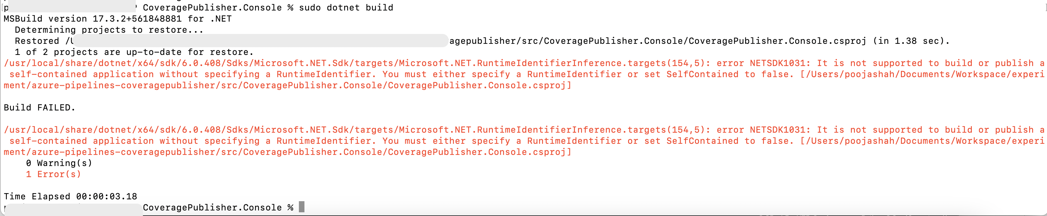 Build started failing with: error NETSDK1031: specify RuntimeIdentifier or set SelfContained to ...