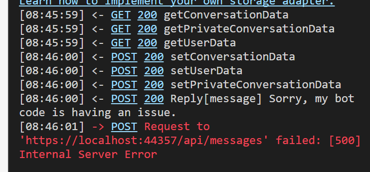 'http://localhost:3979/api/messages' failed: [500] Internal Server Error · Issue #427 ...