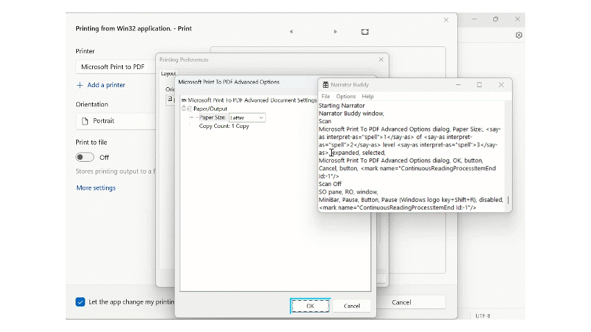 A11y_.NET Core_WinForms_Print_Microsoft Print to PDF Advanced Options_ScreenReader: Narrator ...