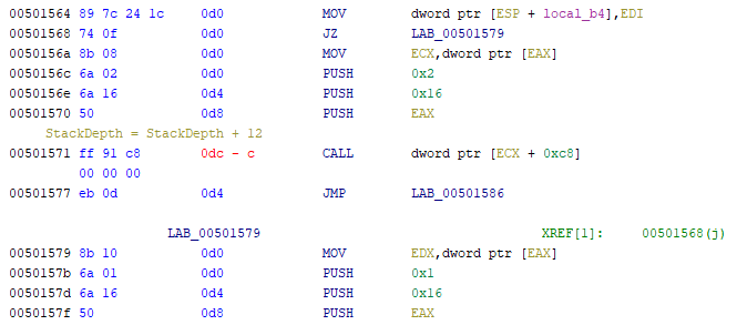Stack depth after Set Stack Depth Change on indirect call is 4 less ...