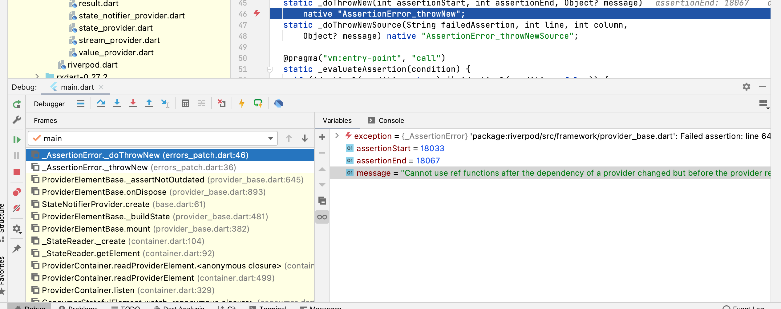 `Cannot use ref functions after the dependency of a provider changed ...
