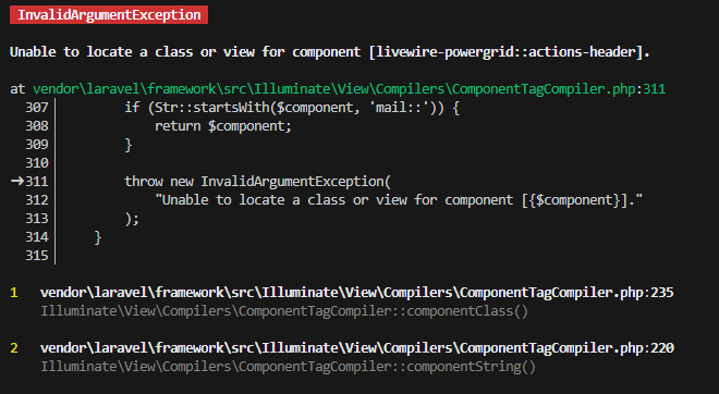 Unable To Locate A Class Or View For Component Livewire Powergridactions Header · Issue 