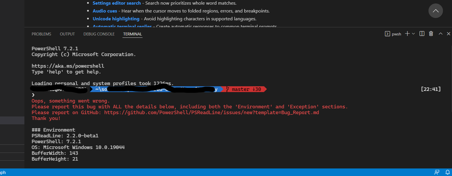Terminal crashes inside Visual Studio Code · Issue #3222 · PowerShell/PSReadLine · GitHub